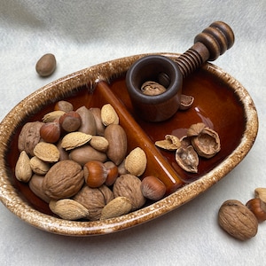 Nut Bowl Set With MCM Classic Hull Brown Drip Glaze Oval Bowl, Wooden ...