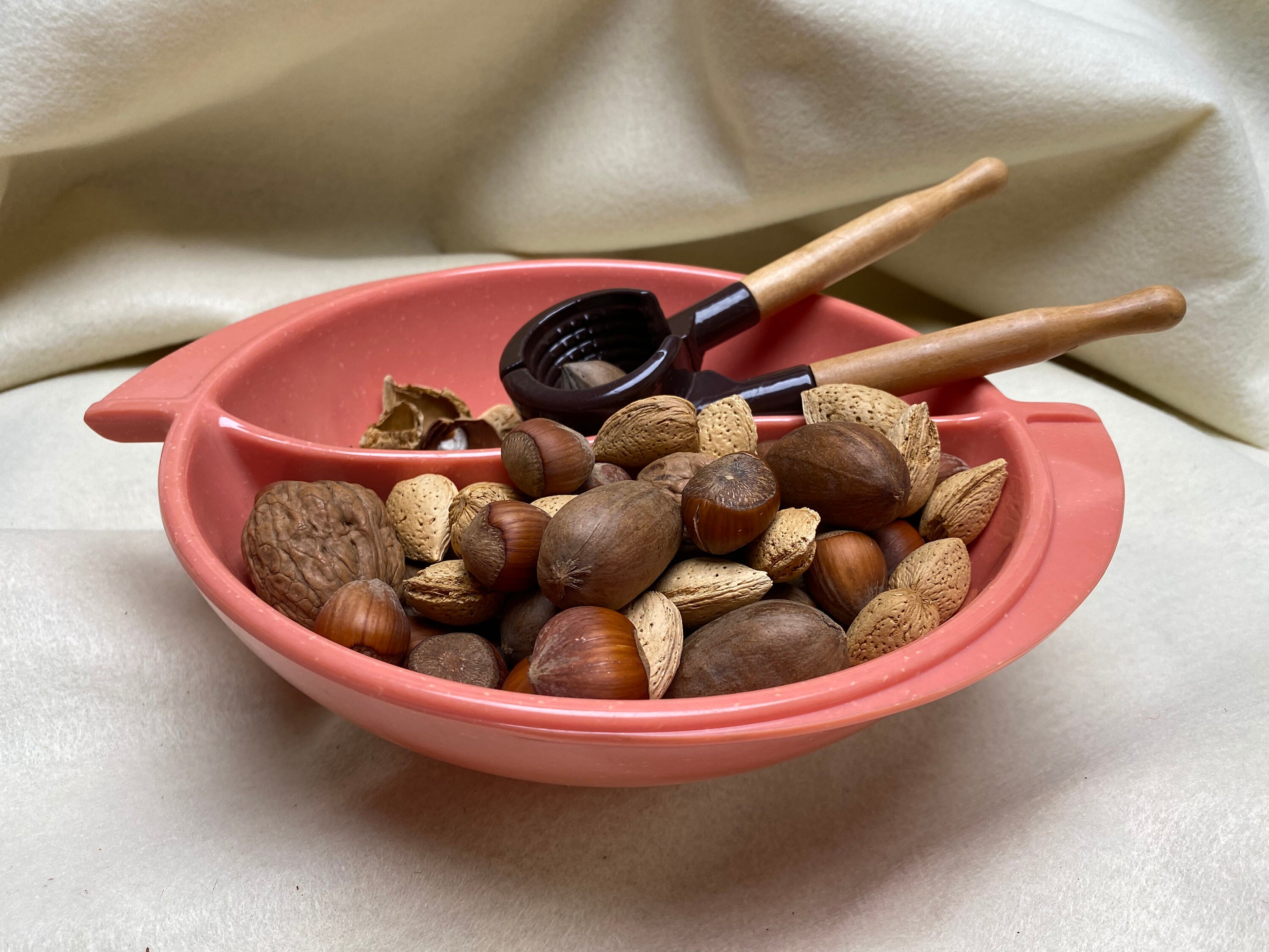 50's Coral Speckled Melamine Nut Bowl With Heavy Duty Nutcracker AND ...