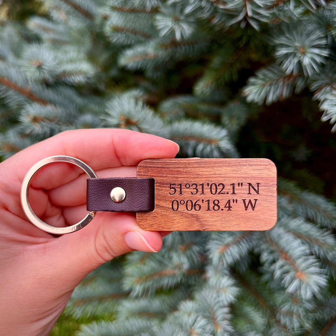 Custom Engraved Wooden Coordinates Keychain, Personalized Special ...