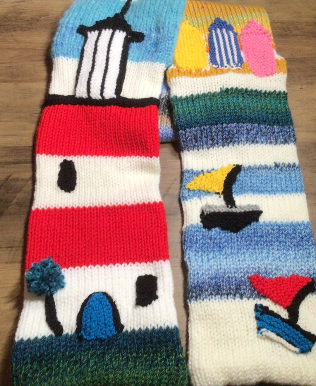 Long Seaside Scarf Lighthouse Boats Beach Huts Sea Sand Double ...