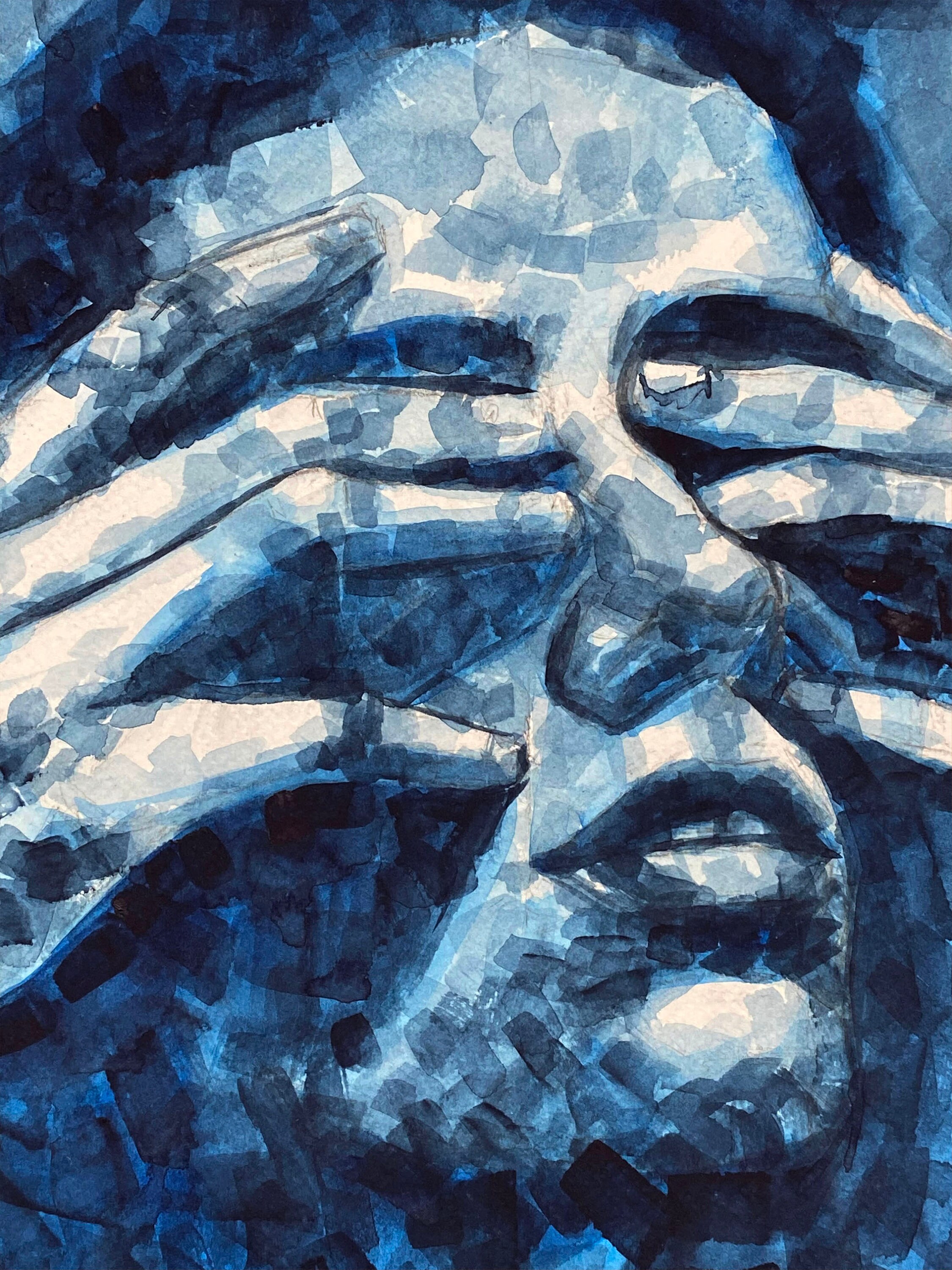 Monochrome Watercolor Painting Blue Painting Abstract Portrait of Girl ...