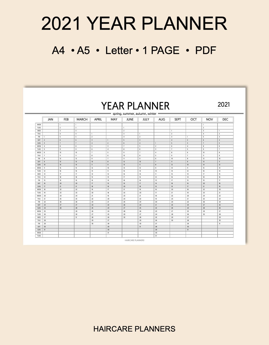 Year Planner 2021, Yearly Planner, Calendar, Haircare Planner - Etsy
