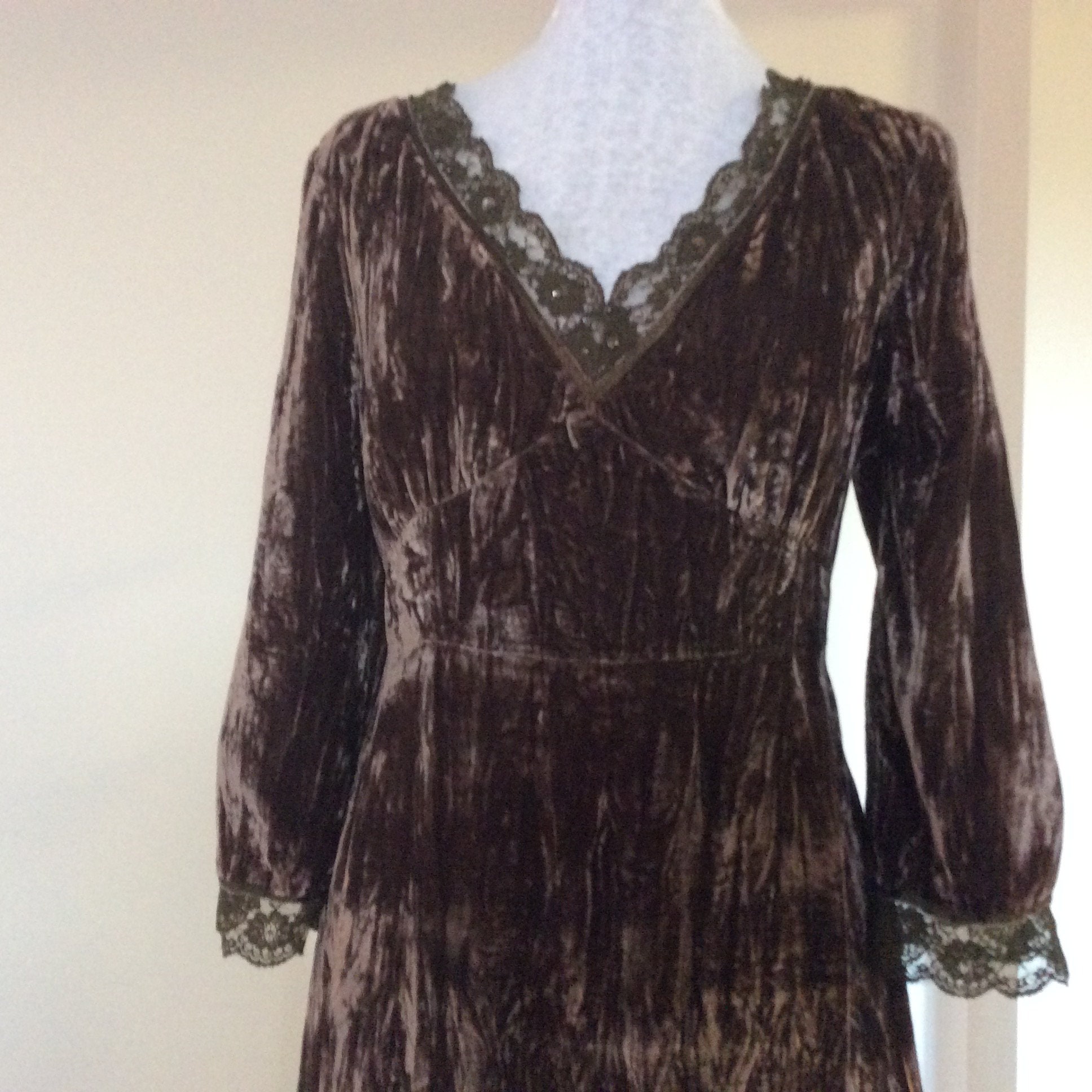 Vintage Crushed Velvet Boho Dress/ Beautiful Brown Silky Velvet From ...