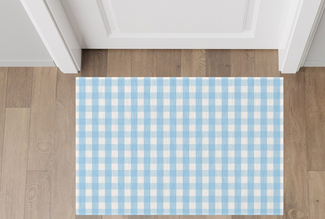 Door Mat | Light Blue Plaid Door Mat | Indoor / Outdoor Rug | Spring or ...