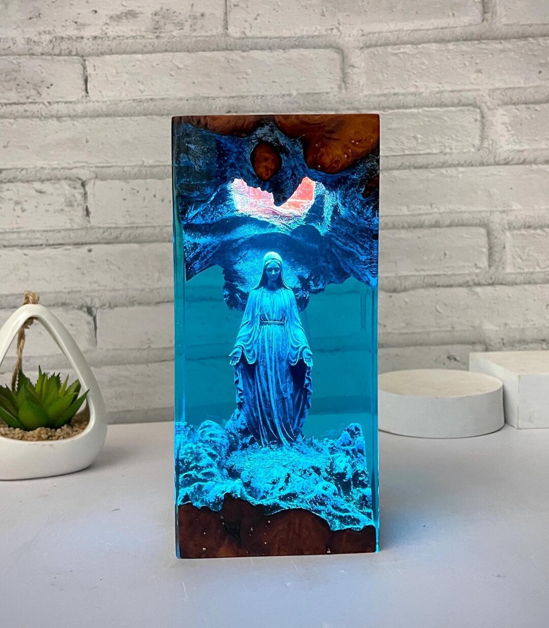 Virgin Mary Resin Lamp | Blessed Mother Christian LED Light | Handmade ...