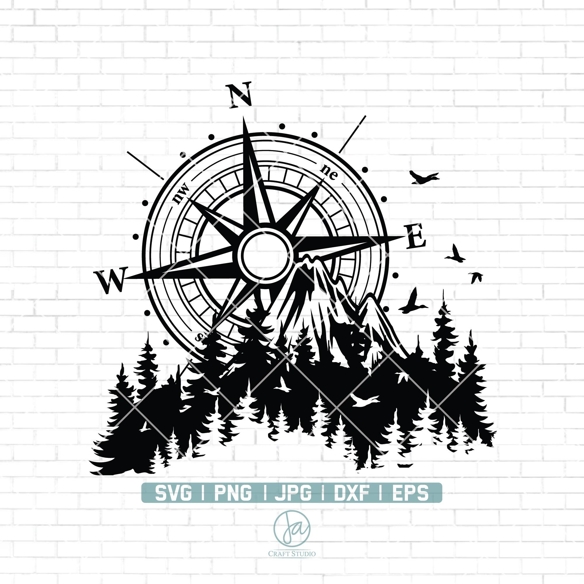 Compass and Mountains Svg | Compass and Forest Svg | Nature Svg ...