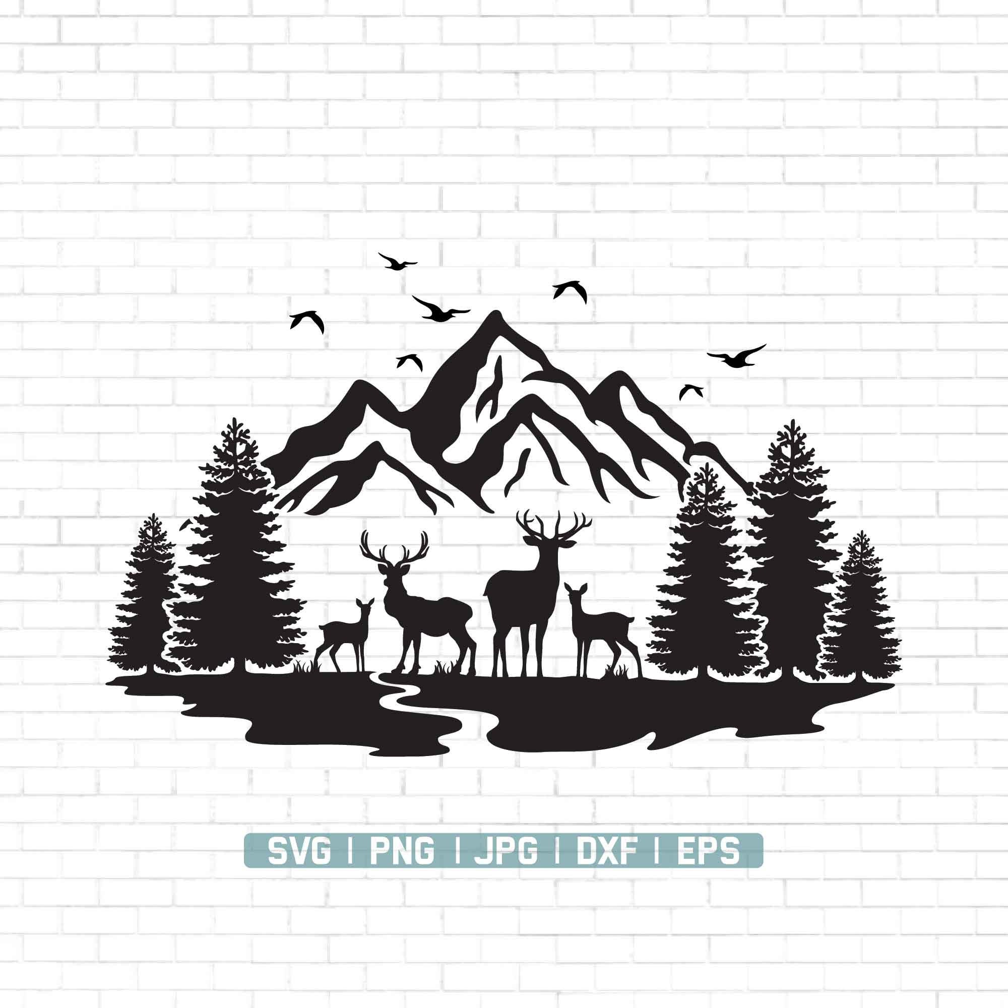 Deer Mountains Scene SVG | Outdoors Scene Svg | Deer Family Svg ...