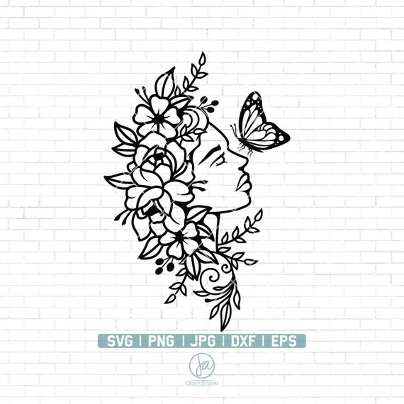 Floral Woman With Butterfly Svg Flowers SVG Silhouette | Etsy