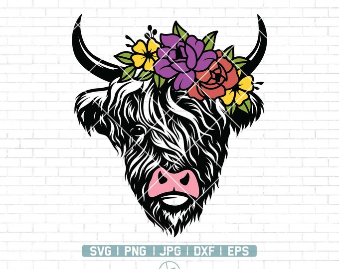 Highland Cow Svg | Cow Png | Cow With Flowers on Head | Cute Cow Svg ...