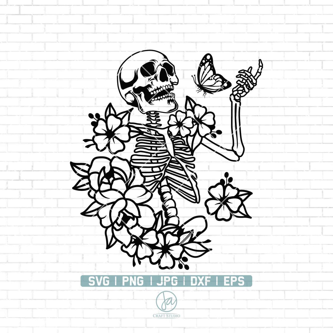 Floral Skeleton With Butterfly Svg | Skeleton With Fowers Svg | Skull ...