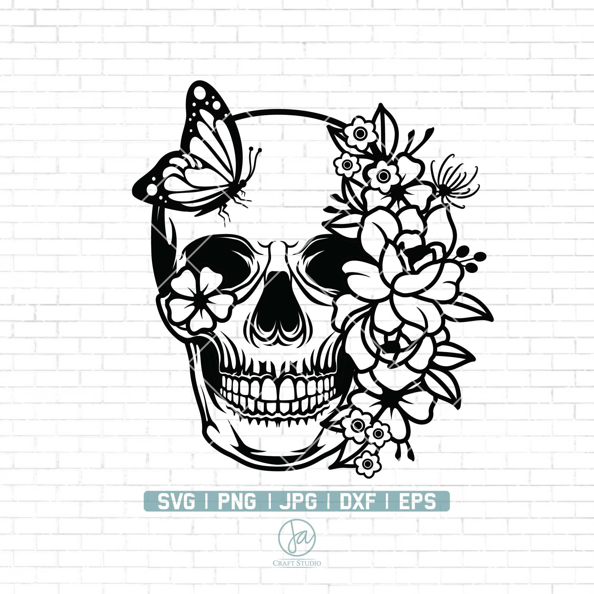 Skull Flower With Butterfly Svg Skull Svg Floral Skull Etsy Australia