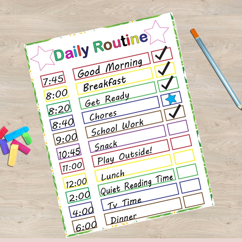 Kids Daily Routine Chart Chore Chart Printable PDF Responsibility Chart ...
