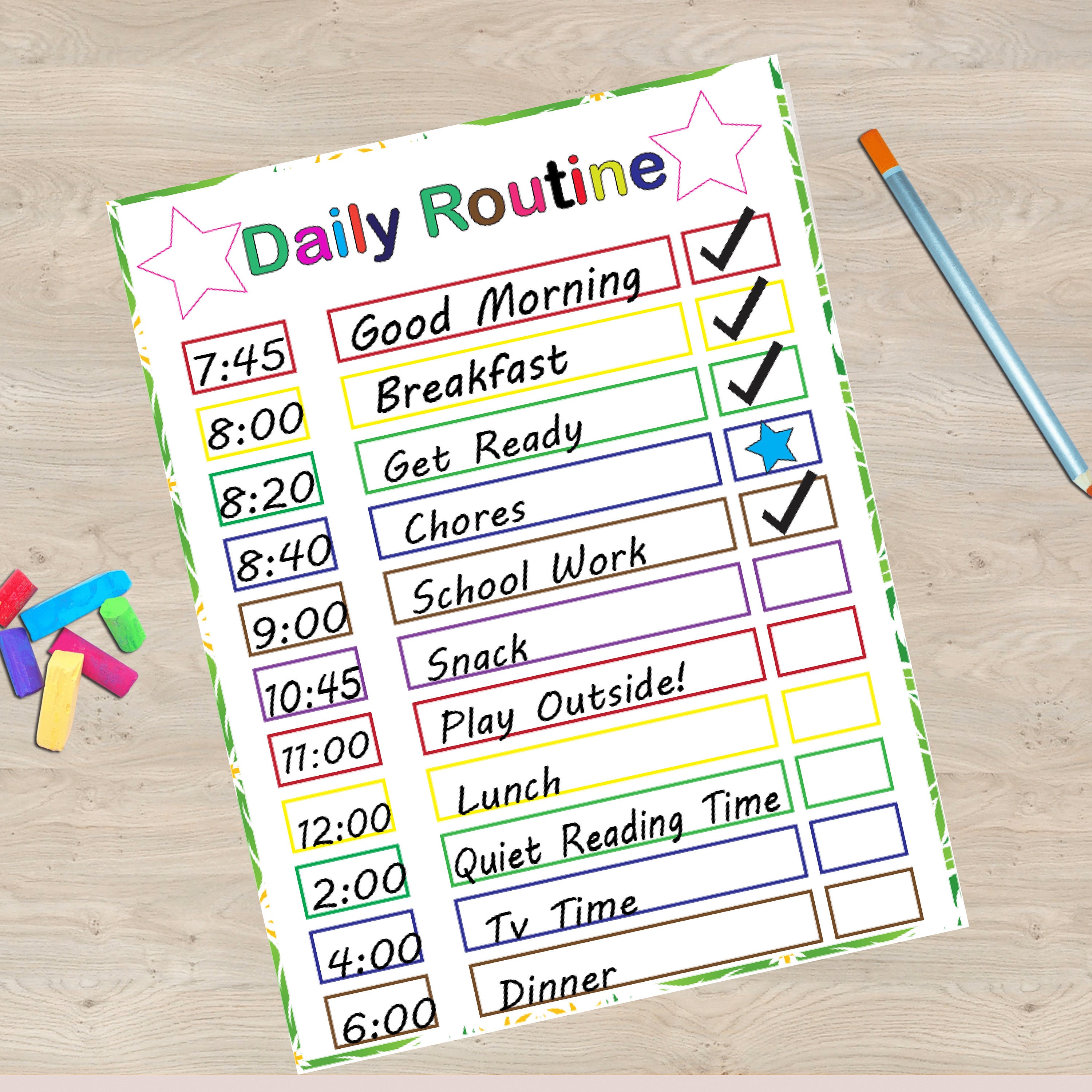 Kids Daily Routine Chart Chore Chart Printable PDF Responsibility Chart ...