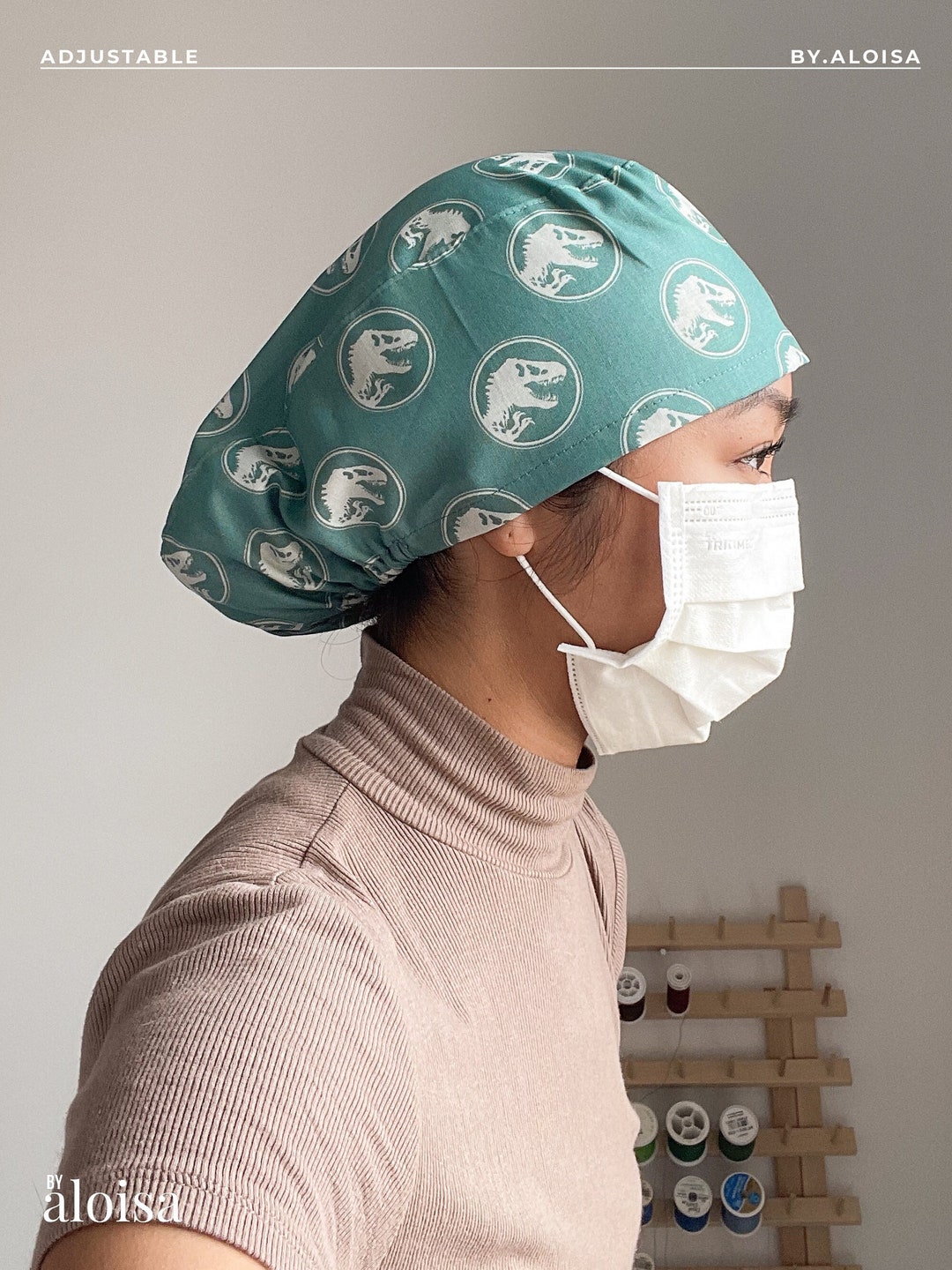 Dinosaur Jurassic Turquoise Teal Adjustable Scrub Cap Surgical Wrap ...