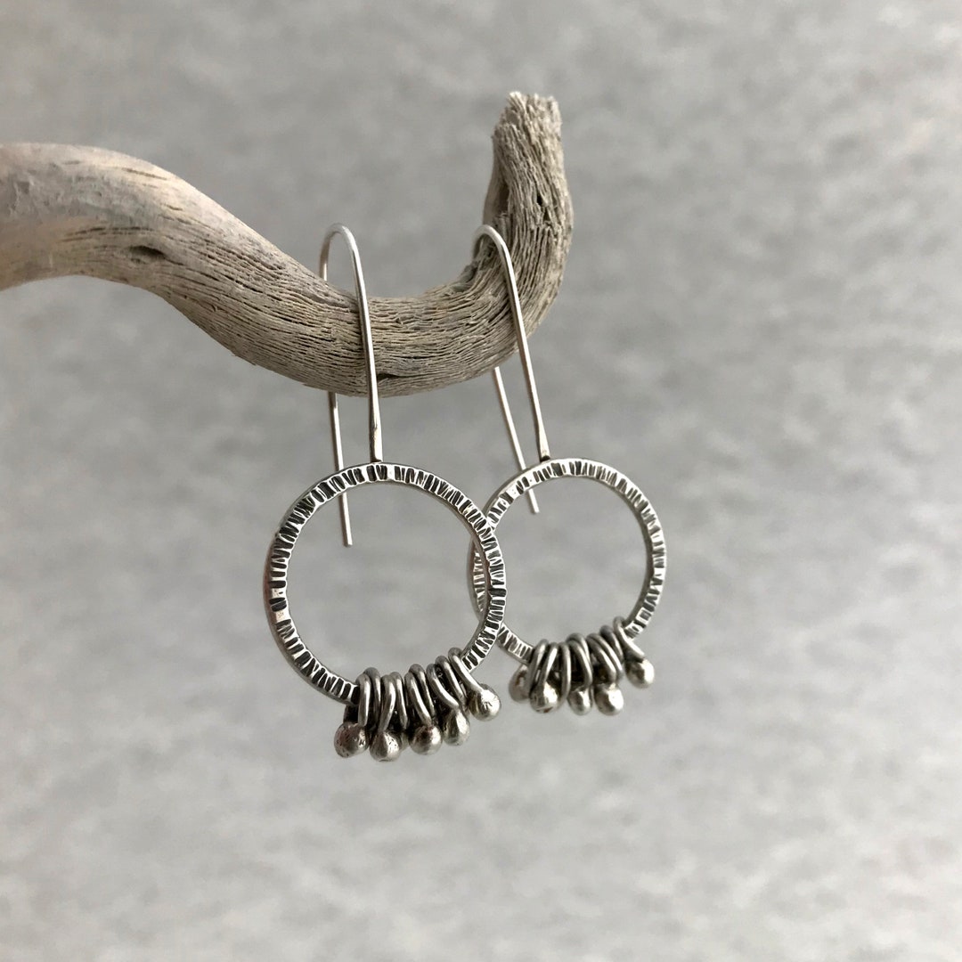 Sterling Silver Textured Open Circle Earrings With Dangly Bits - Etsy