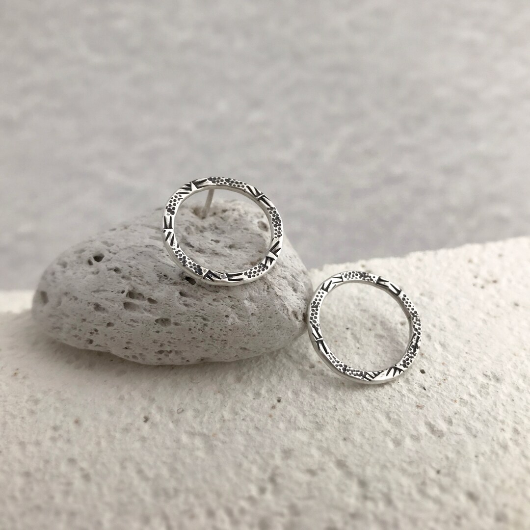 Open Circle Textured Stud Earrings Sterling Silver Round Stud - Etsy UK