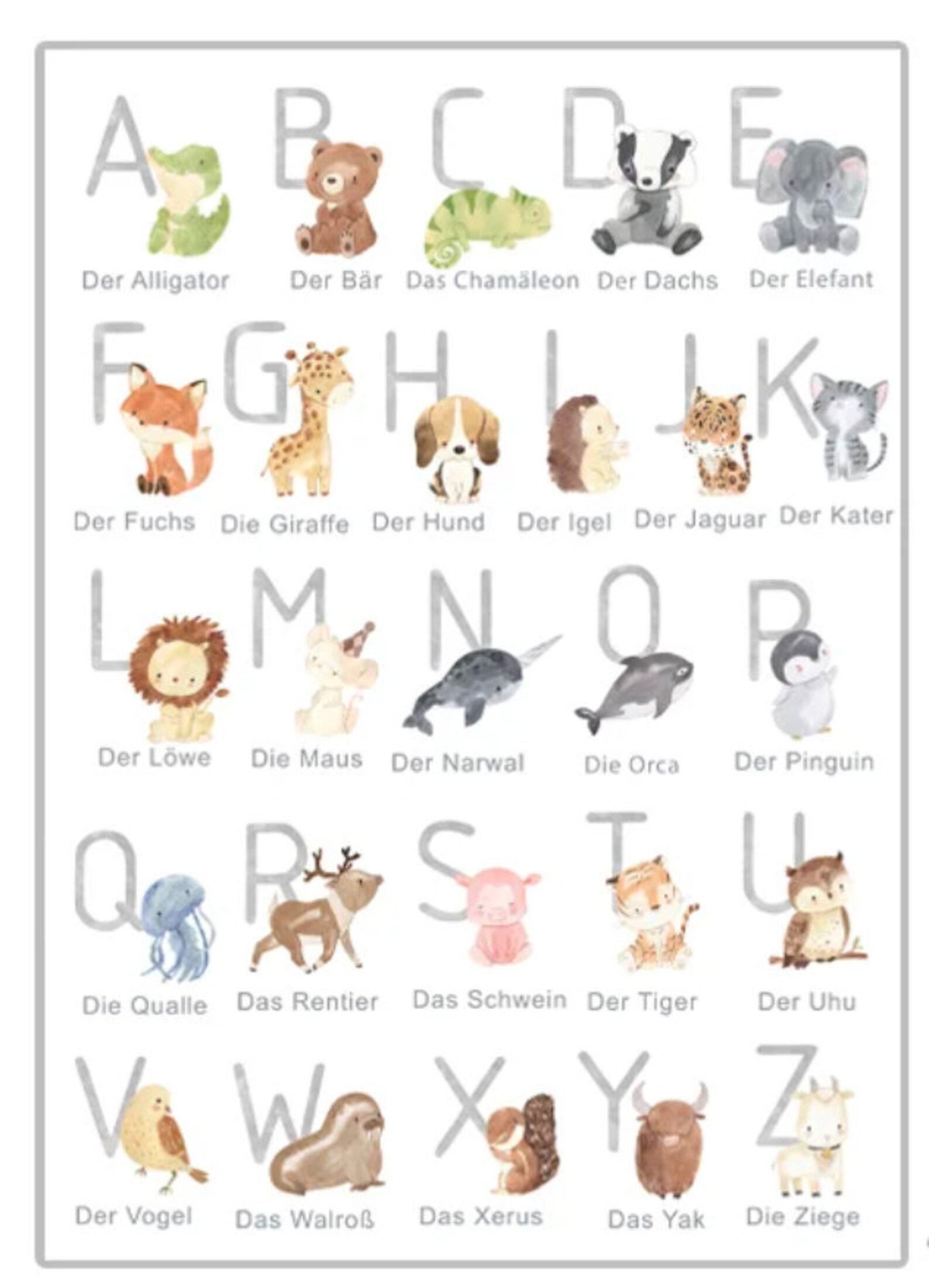 Watercolor Animal Alphabet Poster – Nursery Art Print (digital Download ...