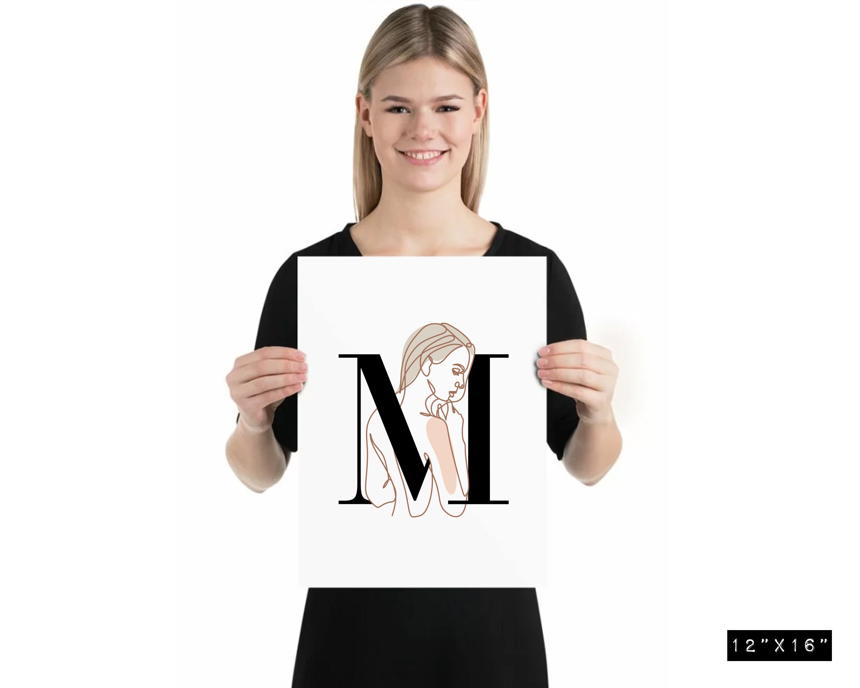 Letter M / Female Line Drawing Poster / Modern Woman Drawing / Initial ...