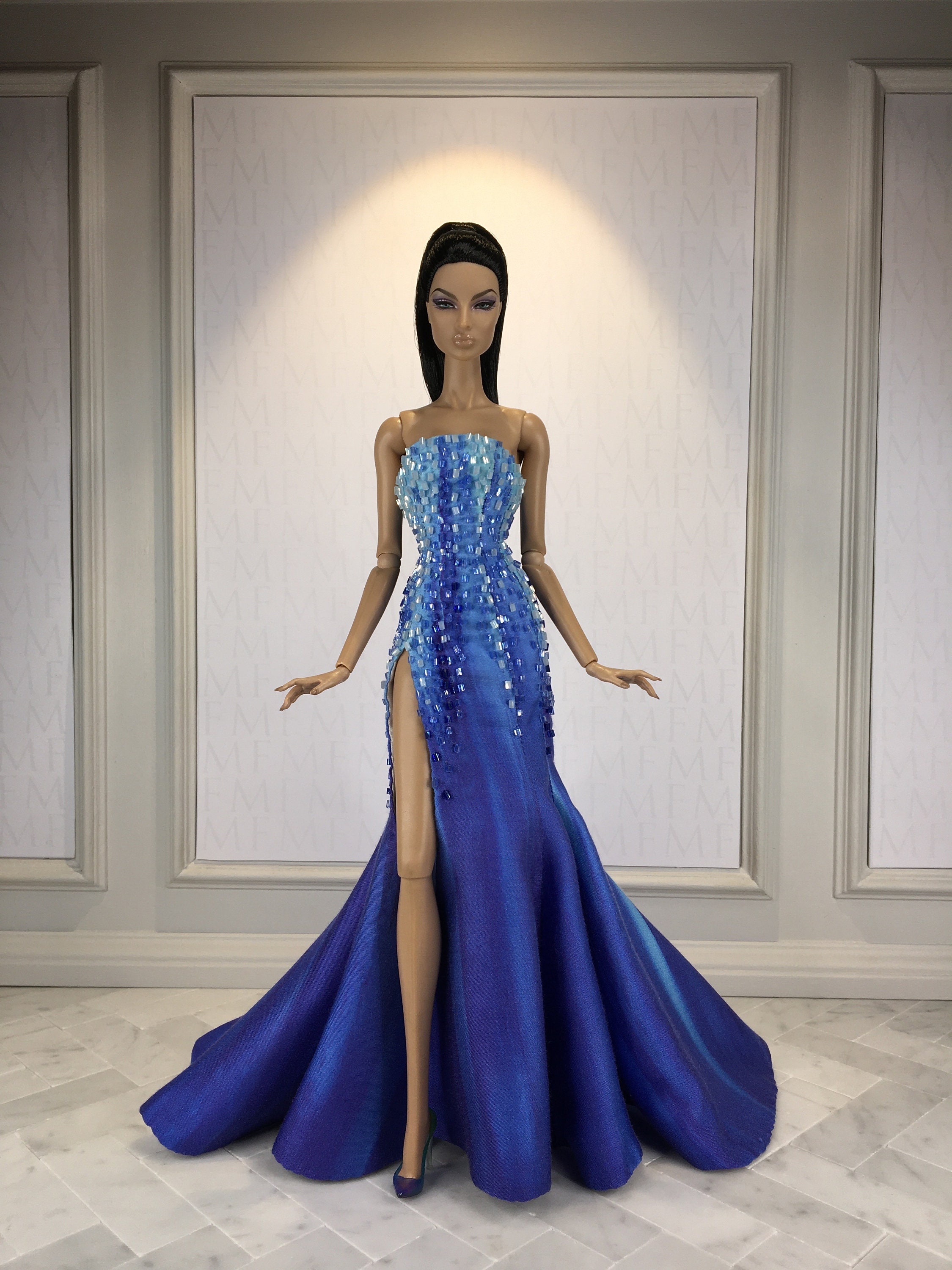 Blue Gradient With Cut Glass Bugle Beads Dress for Fashion Royalty, 12 ...