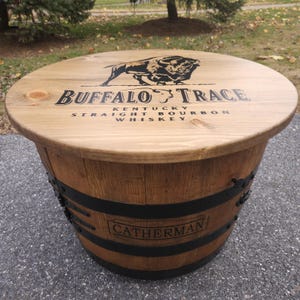 Custom Whiskey Barrel Table With Liquor Storage – Rustic Reclaimed Wood ...