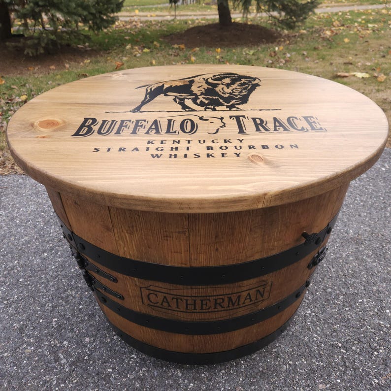 Custom Whiskey Barrel Table With Liquor Storage – Rustic Reclaimed Wood ...