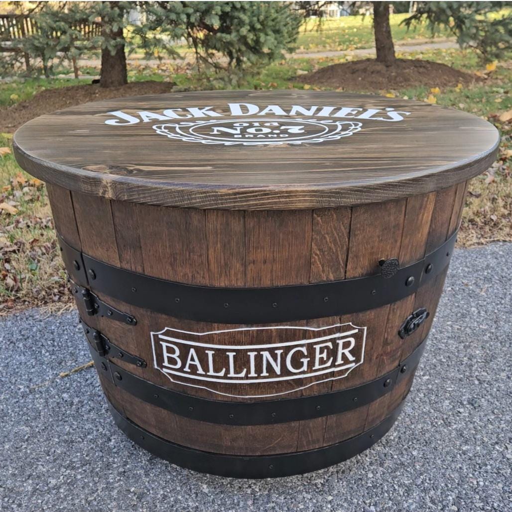 Custom Whiskey Barrel Table With Liquor Storage – Rustic Reclaimed Wood ...