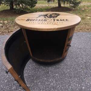 Custom Whiskey Barrel Table With Liquor Storage – Rustic Reclaimed Wood ...
