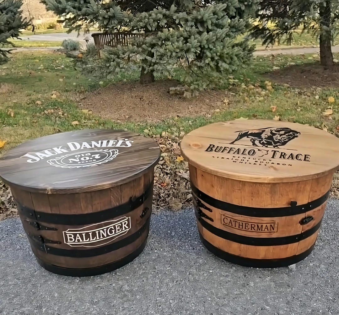 Custom Whiskey Barrel Table With Liquor Storage – Rustic Reclaimed Wood ...