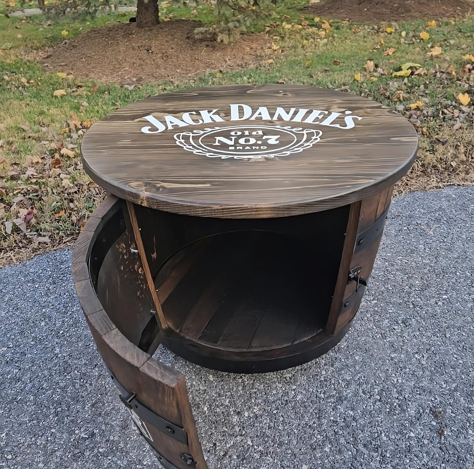 Custom Whiskey Barrel Table With Liquor Storage – Rustic Reclaimed Wood ...