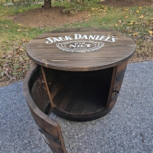 Custom Whiskey Barrel Table With Liquor Storage – Rustic Reclaimed Wood ...