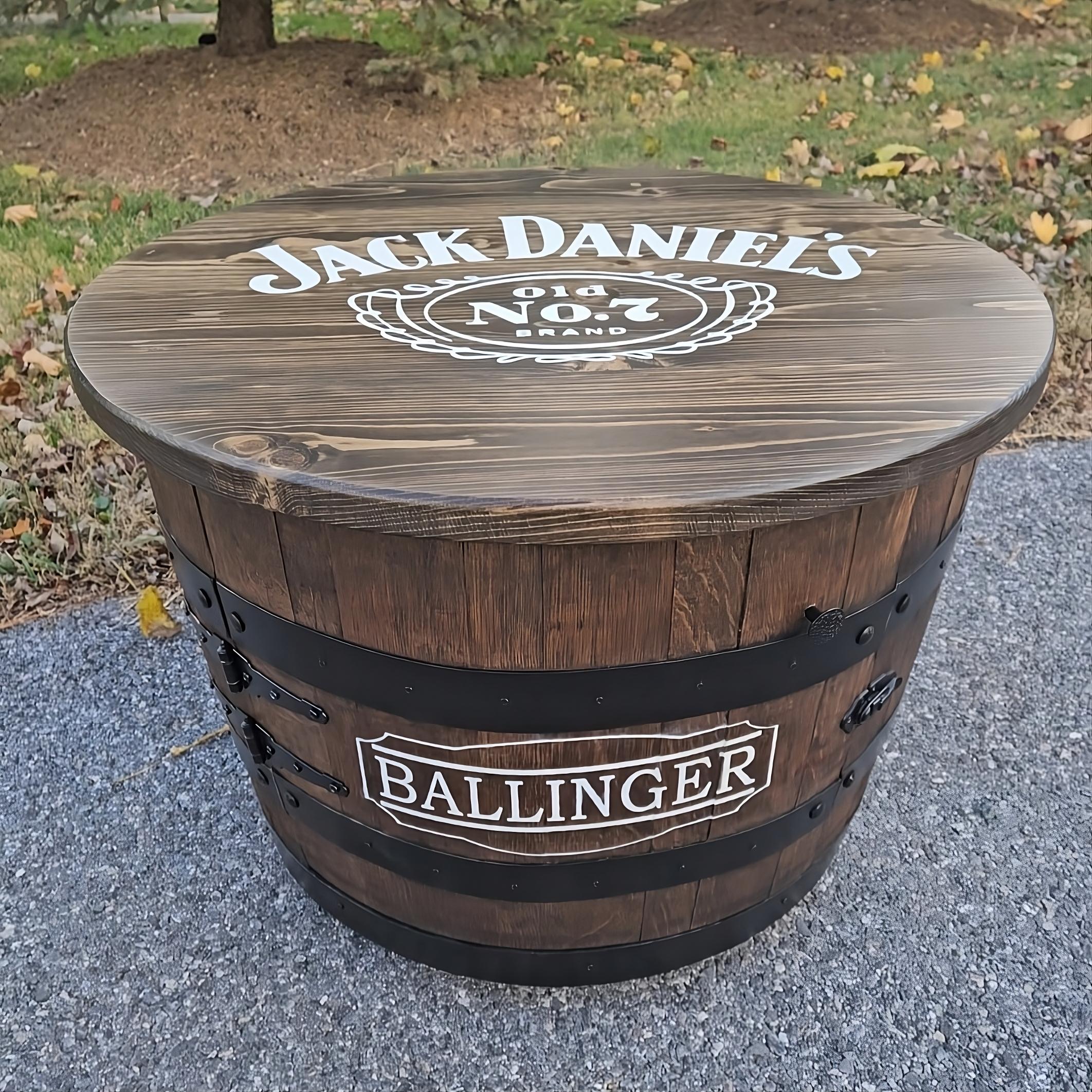 Custom Whiskey Barrel Table With Liquor Storage – Rustic Reclaimed Wood ...