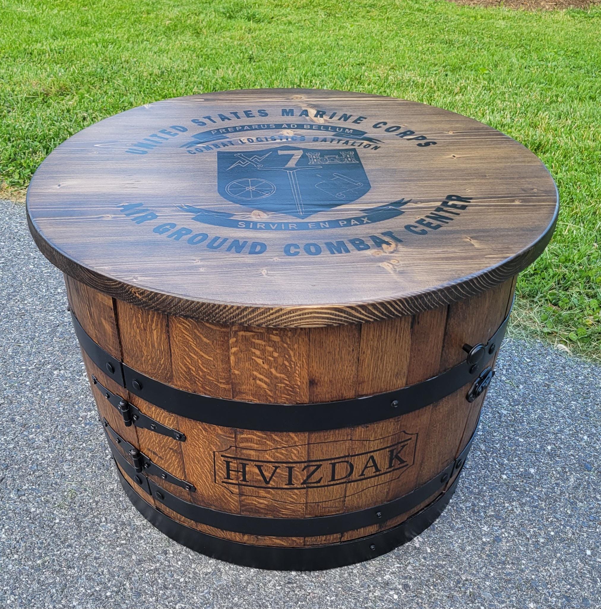 Custom Whiskey Barrel Table With Liquor Storage – Rustic Reclaimed Wood ...