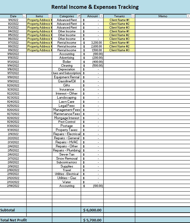 Rental Bookkeeping Spreadsheet Income and Expense Tracker Rental Profit ...