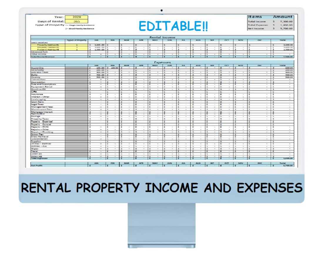 Rental Bookkeeping Spreadsheet | Income and Expense Tracker | Rental ...