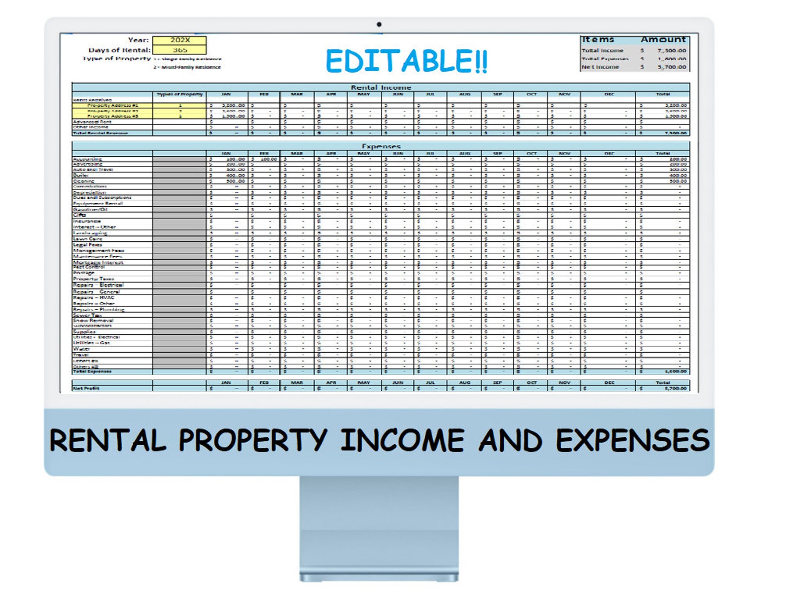 Rental Bookkeeping Spreadsheet | Income and Expense Tracker | Rental ...