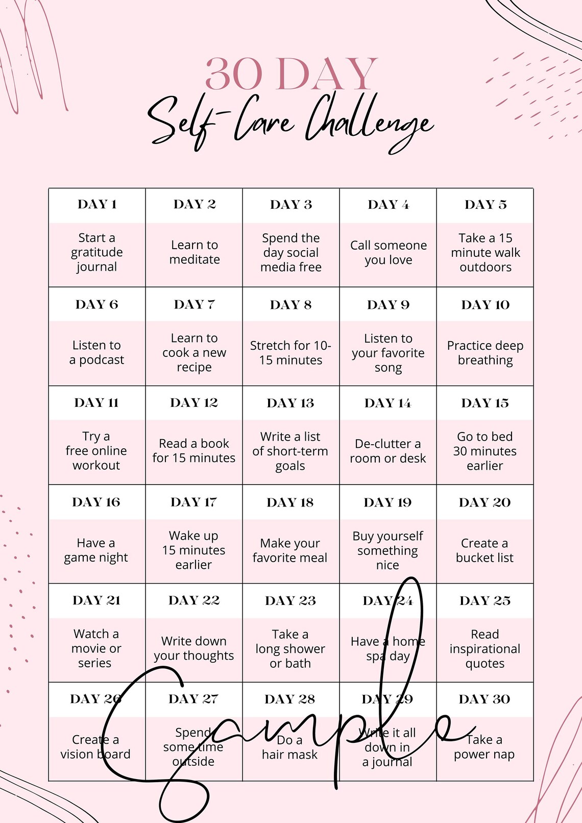 30 Day Self-care Challenge Calendar New Year Positive Mind Guide - Etsy