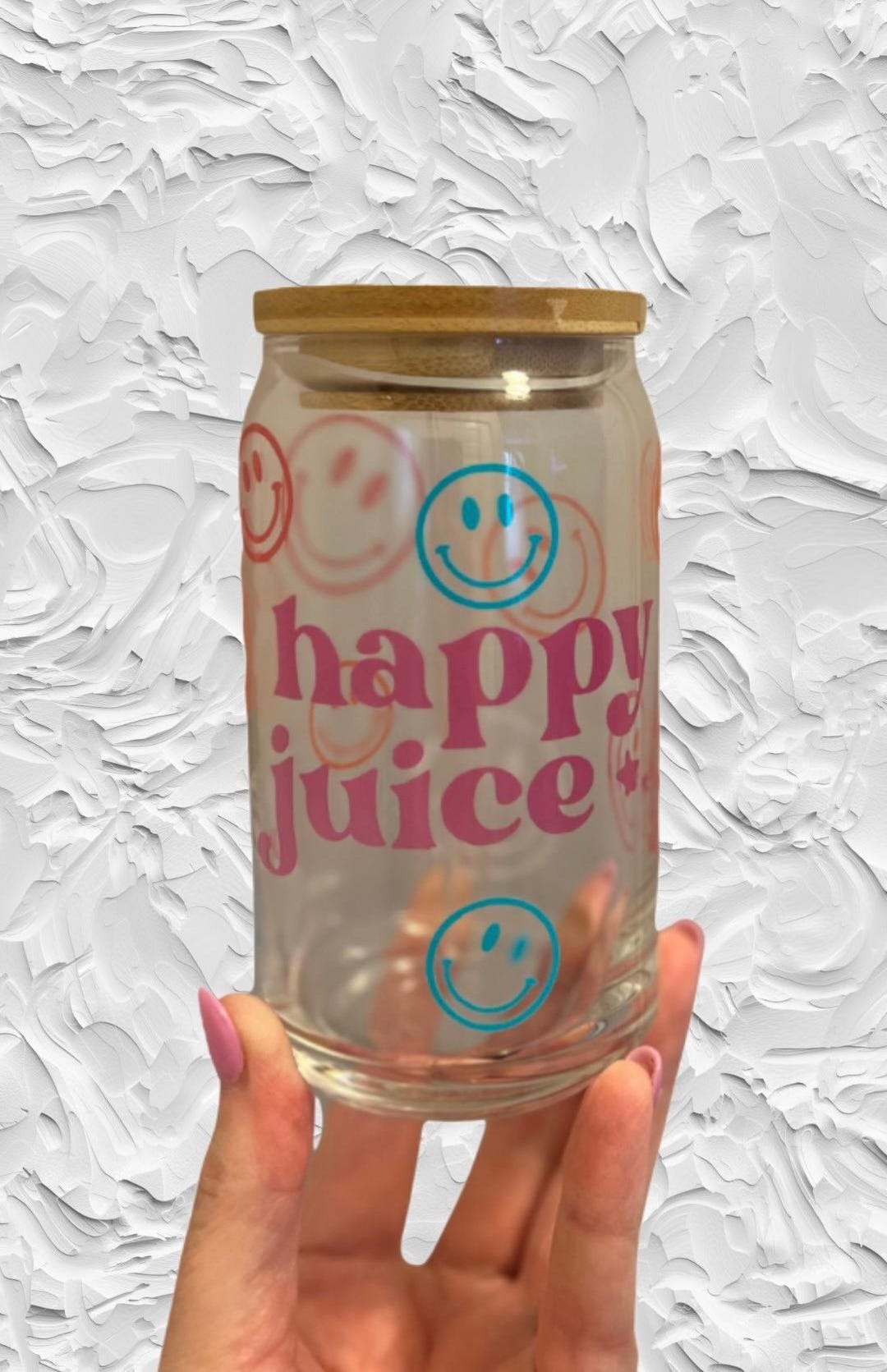 Happy Juice, Smiley Face Color Changing Glass Beer Can Cup, Bamboo Lid ...