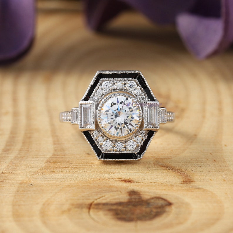 Hexagon Shape Art Deco Edwardian Ring, Bezel Set Milgrain Ring, Round ...
