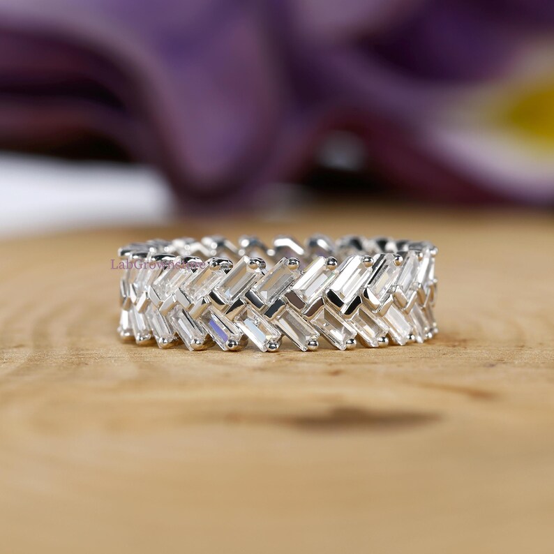 Full Eternity Zigzag Band, Baguette Cut Lab Grown Diamond Ring, Stackable Matching Wedding Band ...