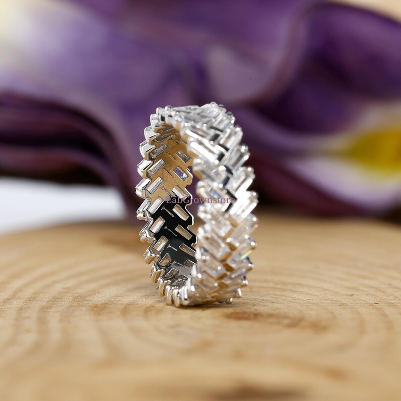 Full Eternity Zigzag Band, Baguette Cut Lab Grown Diamond Ring, Stackable Matching Wedding Band ...