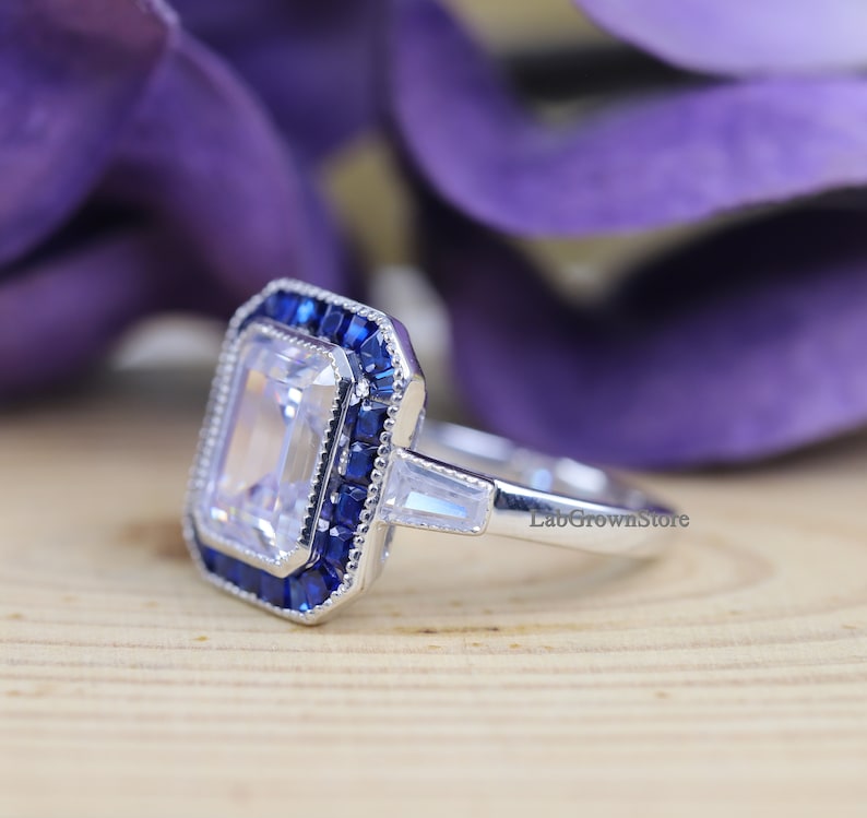Vintage Style Emerald Cut Diamond & Sapphire Ring Vintage - Etsy