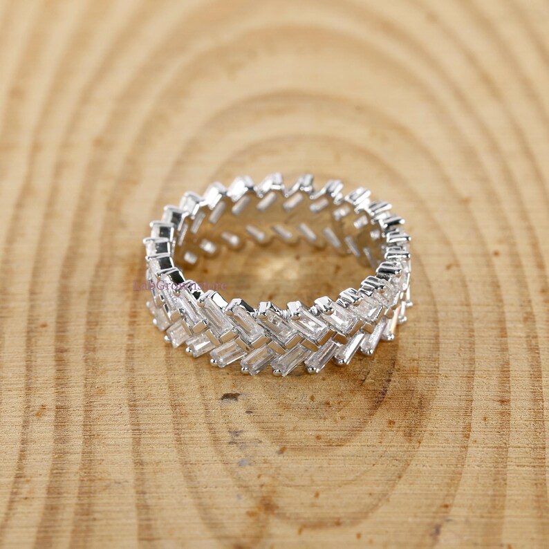 Full Eternity Zigzag Band, Baguette Cut Lab Grown Diamond Ring, Stackable Matching Wedding Band ...