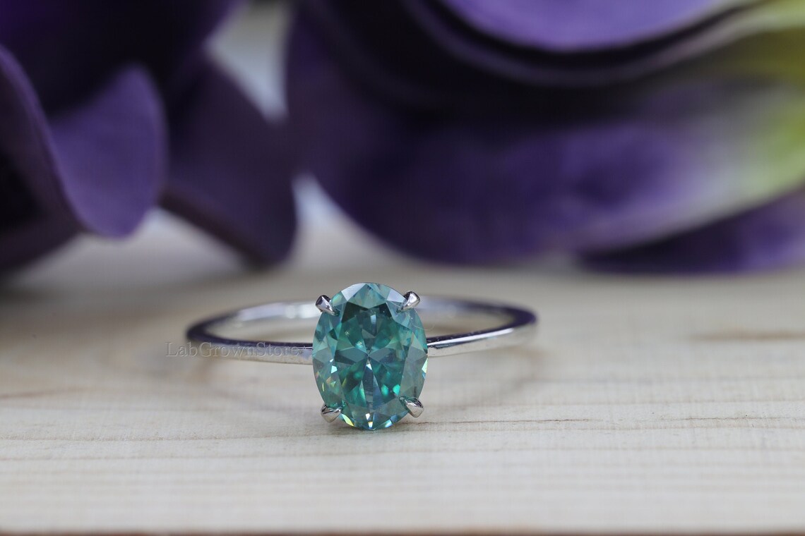 Solitaire Cyan Blue Diamond Ring 2 CT Oval Cut Cyan Blue | Etsy
