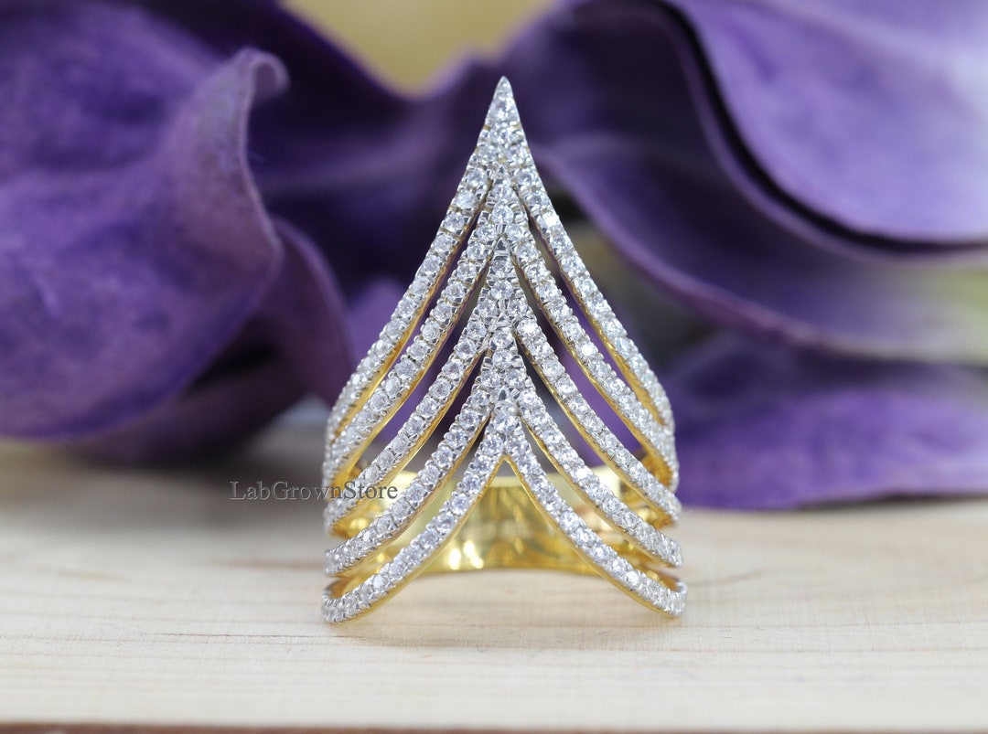 Deep V Shape Band, Five Row Diamond V Shape Stackable Ring, Round ...