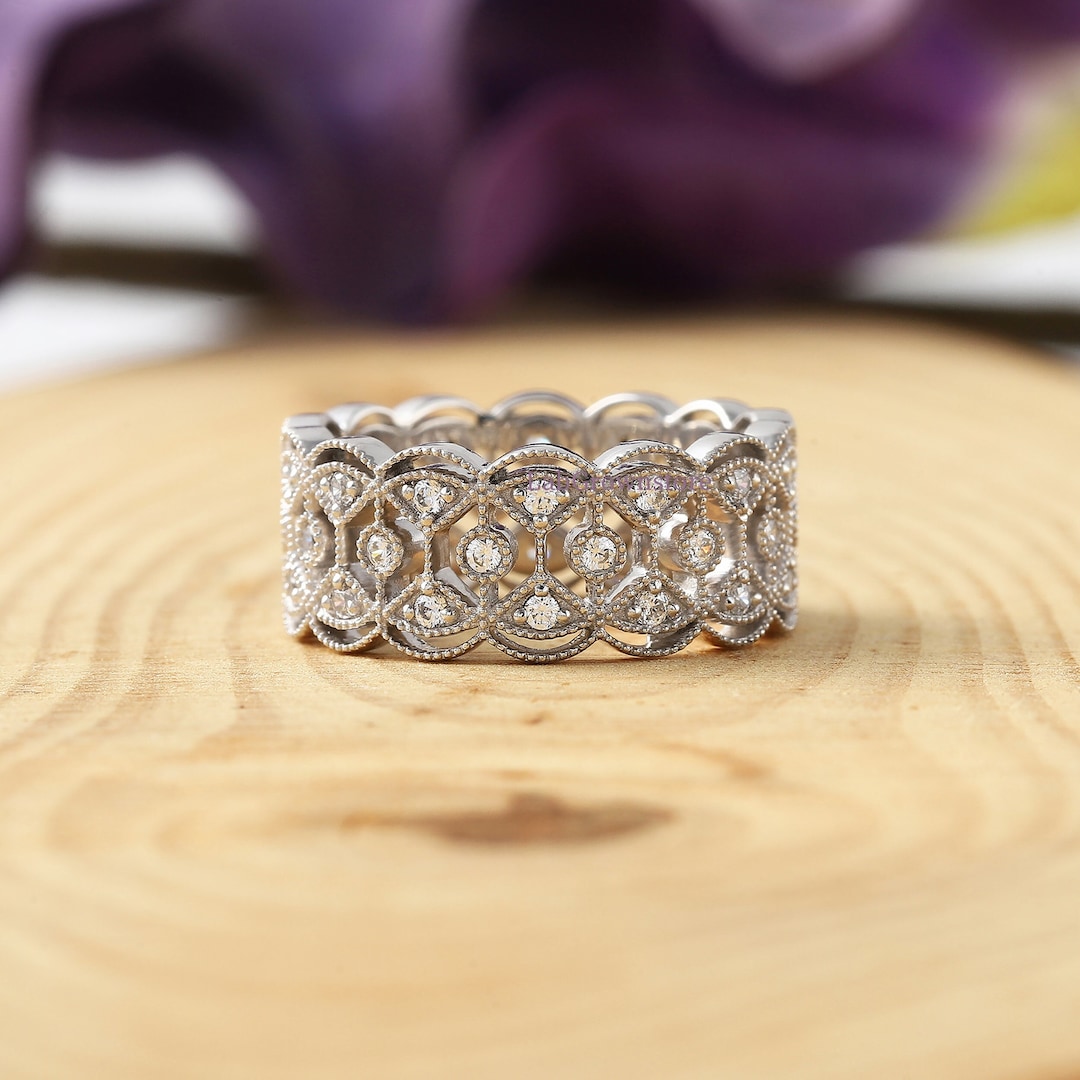 Filigree Style Vintage Art Deco Band, Round Moissanite Eternity Band ...
