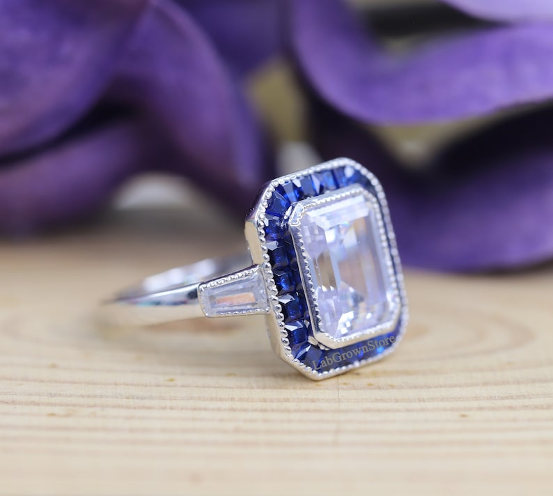 Vintage Style Emerald Cut Diamond & Sapphire Ring Vintage - Etsy