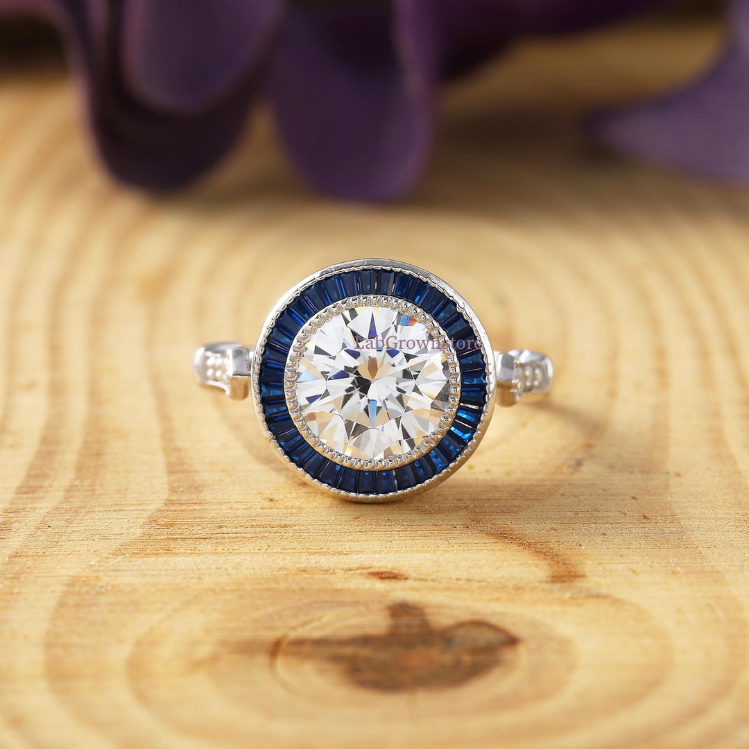 Art Deco-sapphire Halo Ring, Vintage Style Round Diamond & Sapphire ...