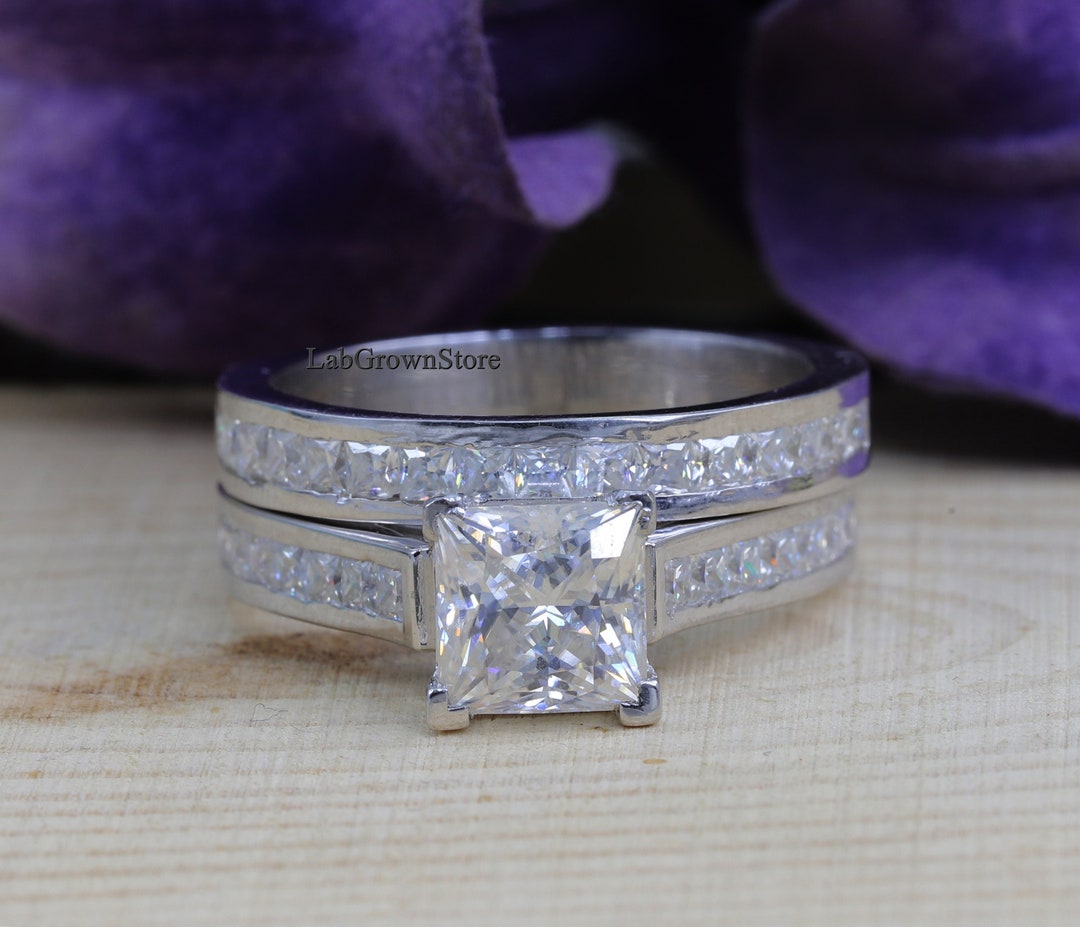 Princess Cut Bridal Set Ring, Channel Set Ring Set, 2.5 CT Princess Cut ...