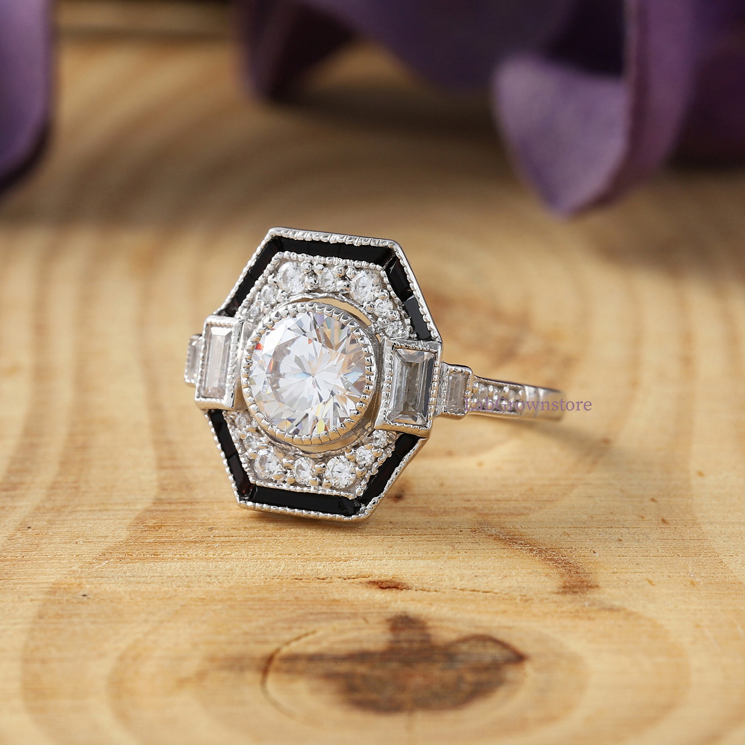 Hexagon Shape Art Deco Edwardian Ring, Bezel Set Milgrain Ring, Round ...