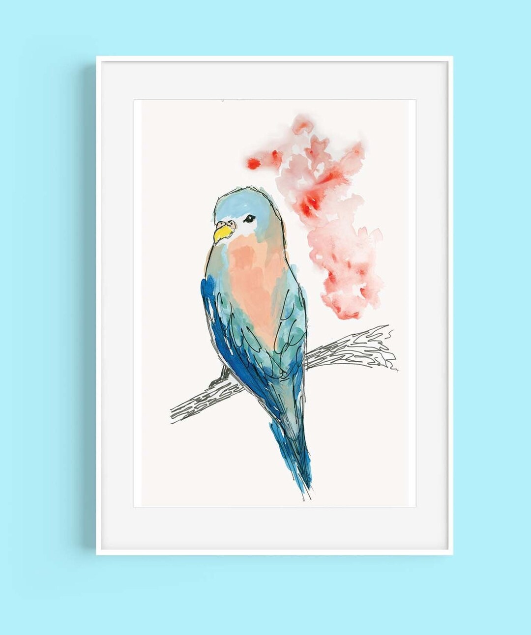 Watercolor and Ink Bird Art Print -8x 10 Budgie and Cherry Blossoms ...